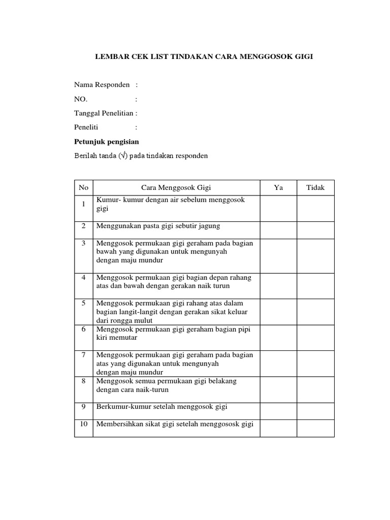 Lembar Cek List Tindakan Cara Menggosok Gigi | PDF