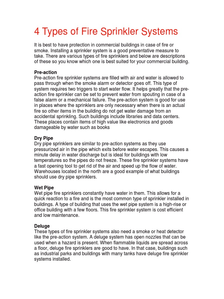 4 Types of Fire Sprinkler Systems | PDF | Fire Sprinkler System | Fires