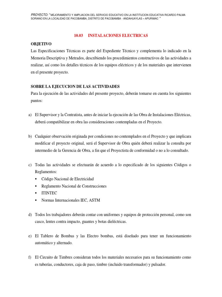 Especificaciones Tecnicas Instalaciones Electricas | PDF | Electricidad | Fuerza