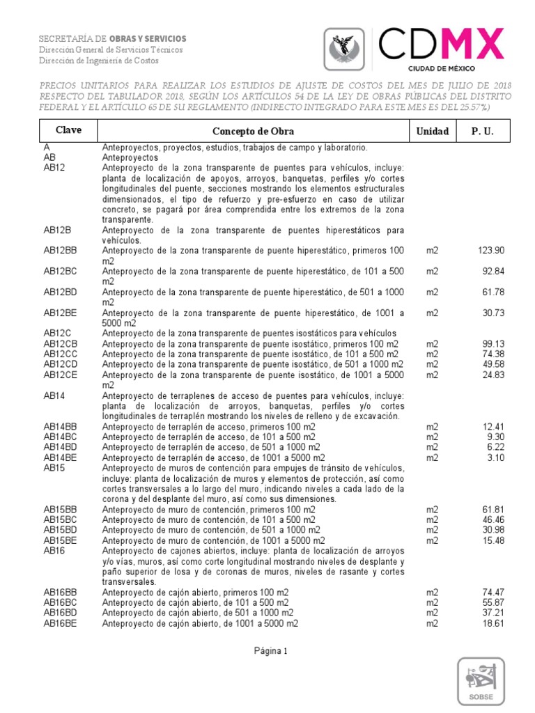 Tabulador General de Precios Unitarios | PDF | Peatonal | Hormigón