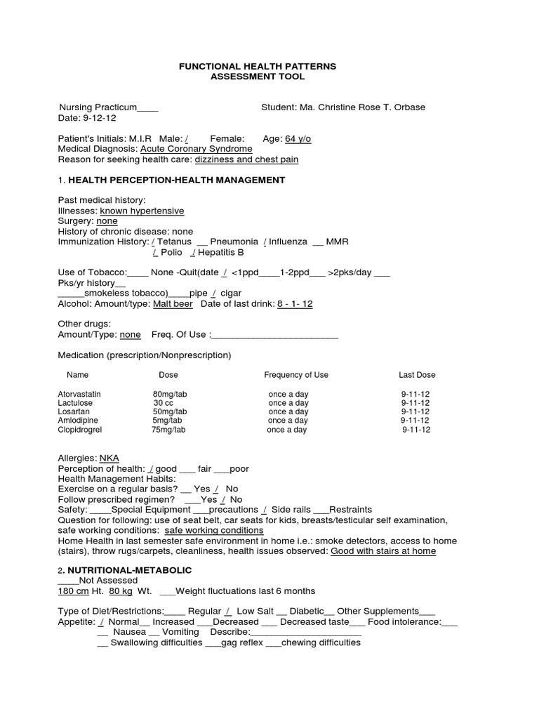 Functional Health Patterns Assessment Tool | PDF | Catheter | Sleep