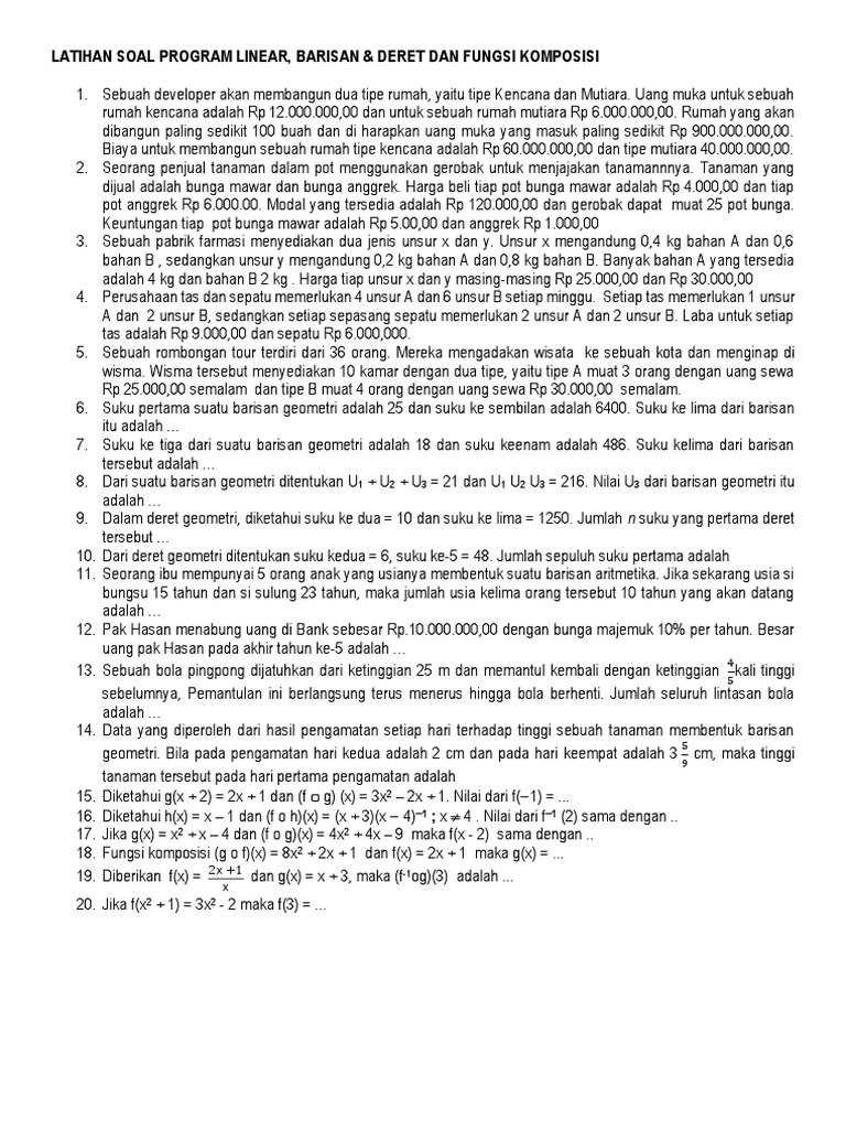 Latihan Soal Program Linear, Barisan Dan Deret Dan Fungsi Komposisi | PDF