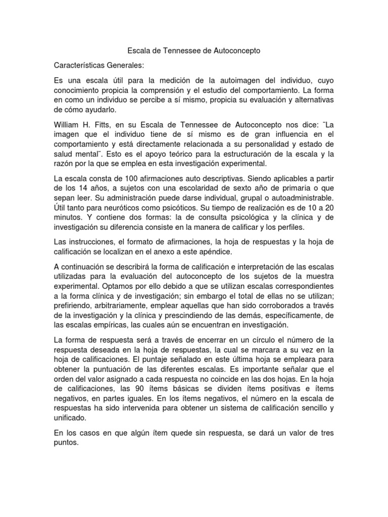 Escala de Tennessee de Autoconcepto | PDF | Percepción | Autoestima