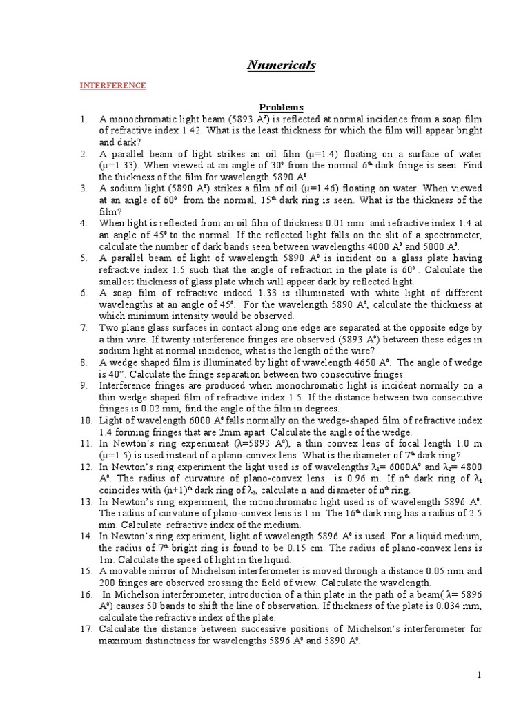Numericals on Interference and Diffraction | PDF | Superconductivity | Electron