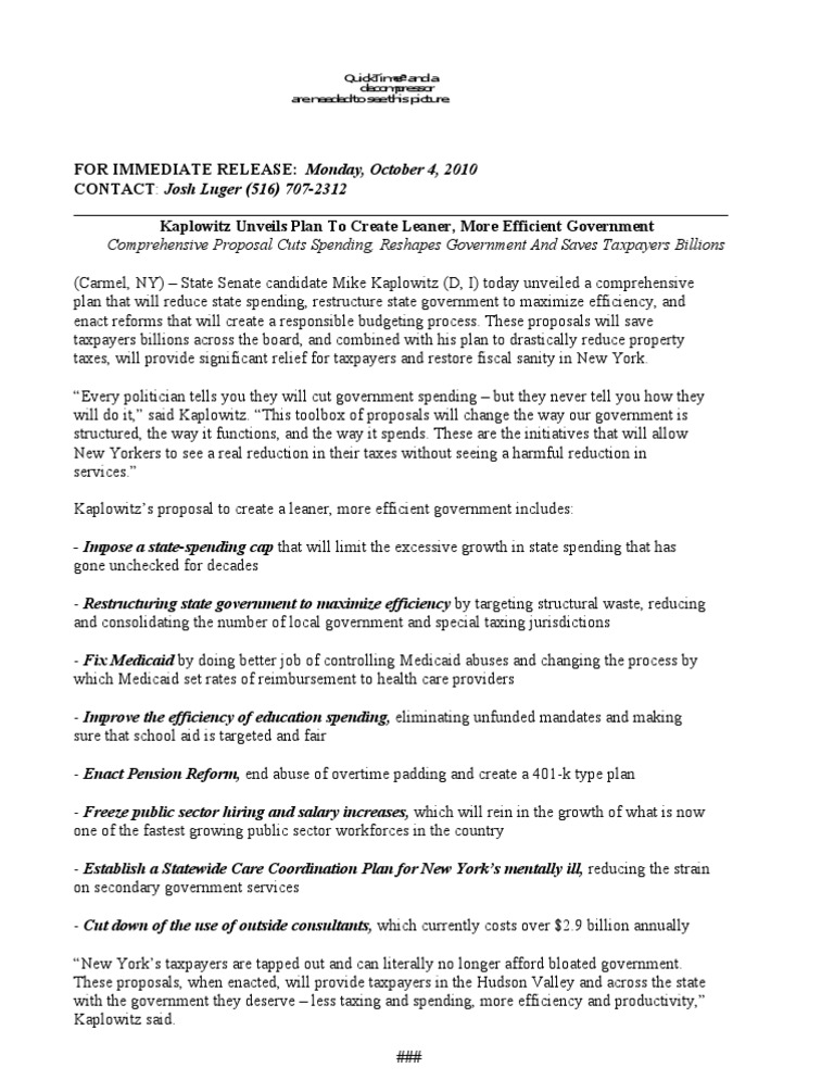 Kaplowitz Press Release 10-04-10 | PDF | Medicaid | Taxes