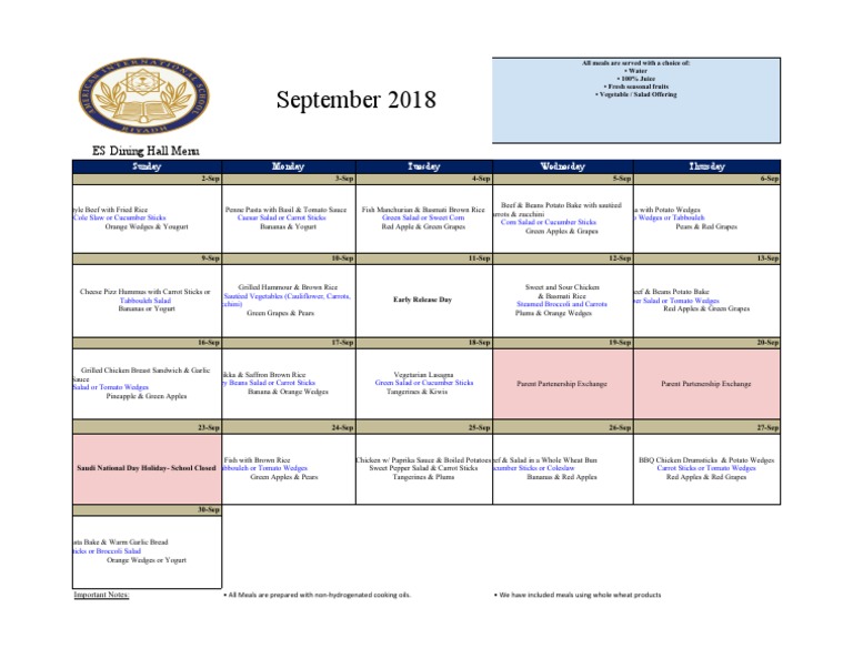 ES Dining Hall Menu September 2018 | PDF | Foods