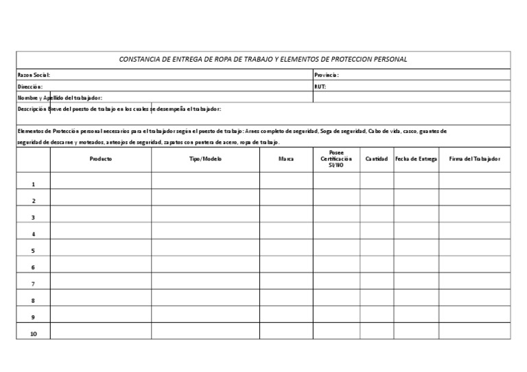 Planilla de Entrega de Epp RES 299 | PDF | Bienes de consumo | Ropa
