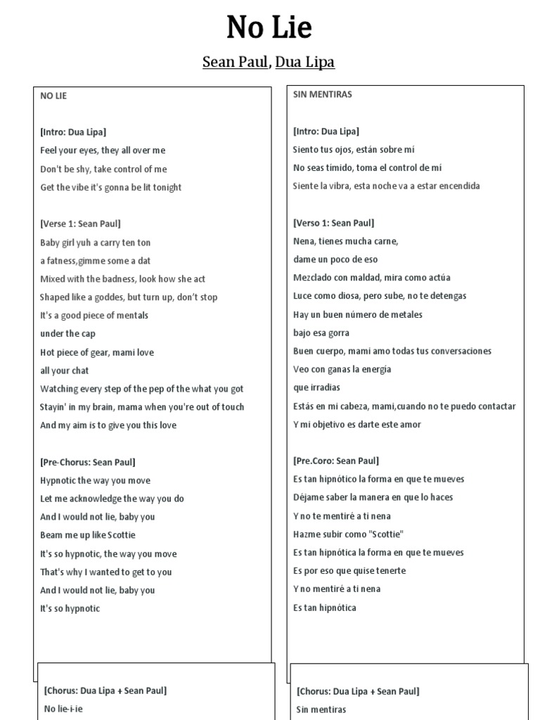 Letra de "No Lie" - Sean Paul y Dua Lipa | PDF | Ocio