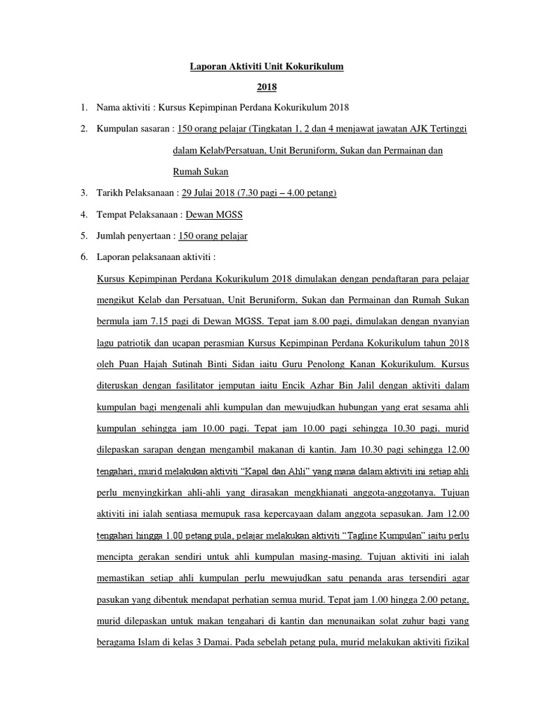 Laporan Kursus Kepimpinan Kokurikulum 2018 | PDF
