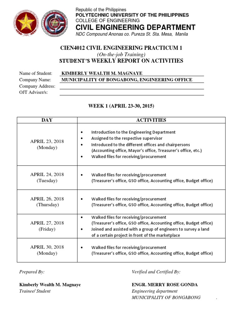 Civil Engineering Department: Cien4012 Civil Engineering Practicum 1 ...