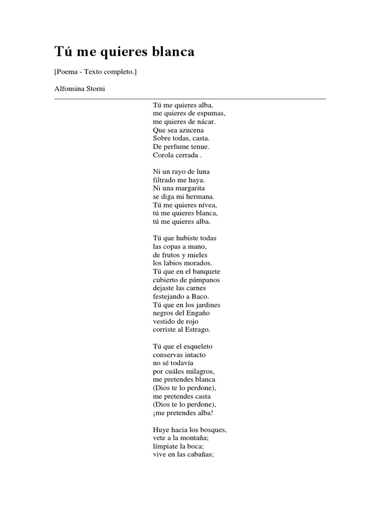 Alfonsina Storni - Poema - Tú Me Quieres Blanca | PDF | Poesía