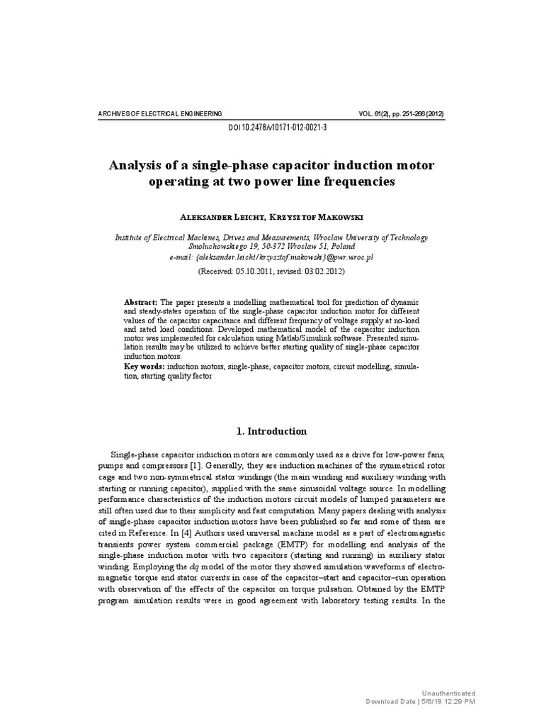 Analysis of A Single-Phase Capacitor Induction Motor Operating at Two Power Line Frequencies ...