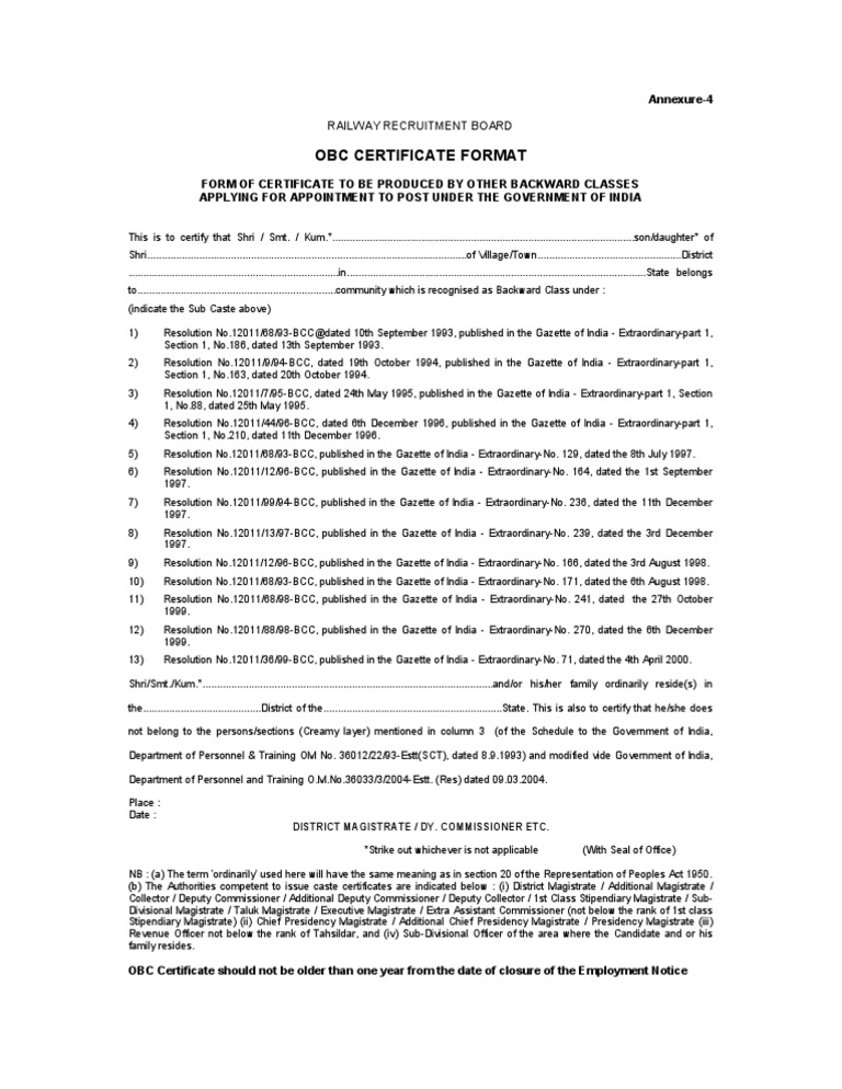 Obc Certificate Format | Magistrate | Politics Of India