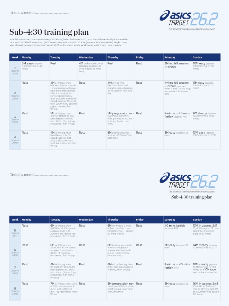 Asics Trainingplans Sub 4.30 PDF PDF Auto Racing Sport Of Athletics