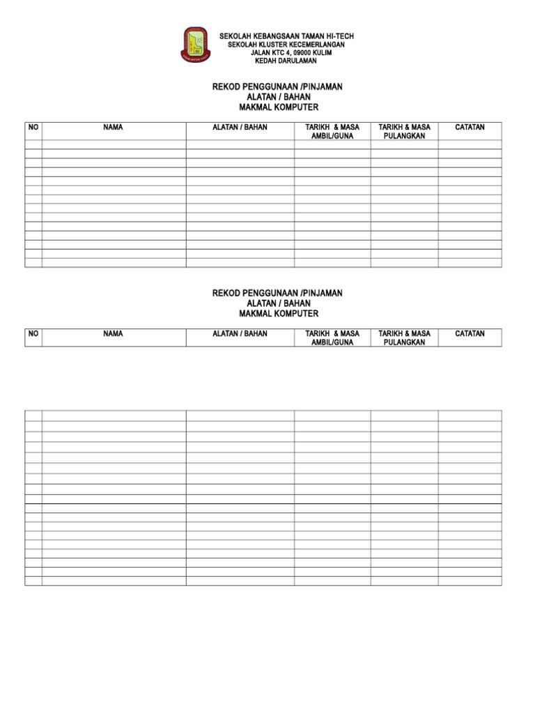 Rekod Penggunaan Alatan | PDF