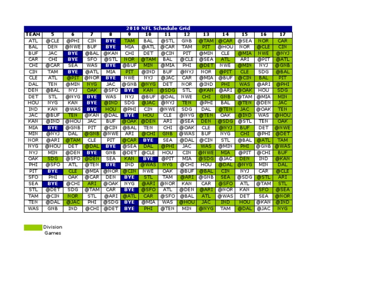 NFL - 2010 Schedule Grid | PDF | American Football | National Football ...