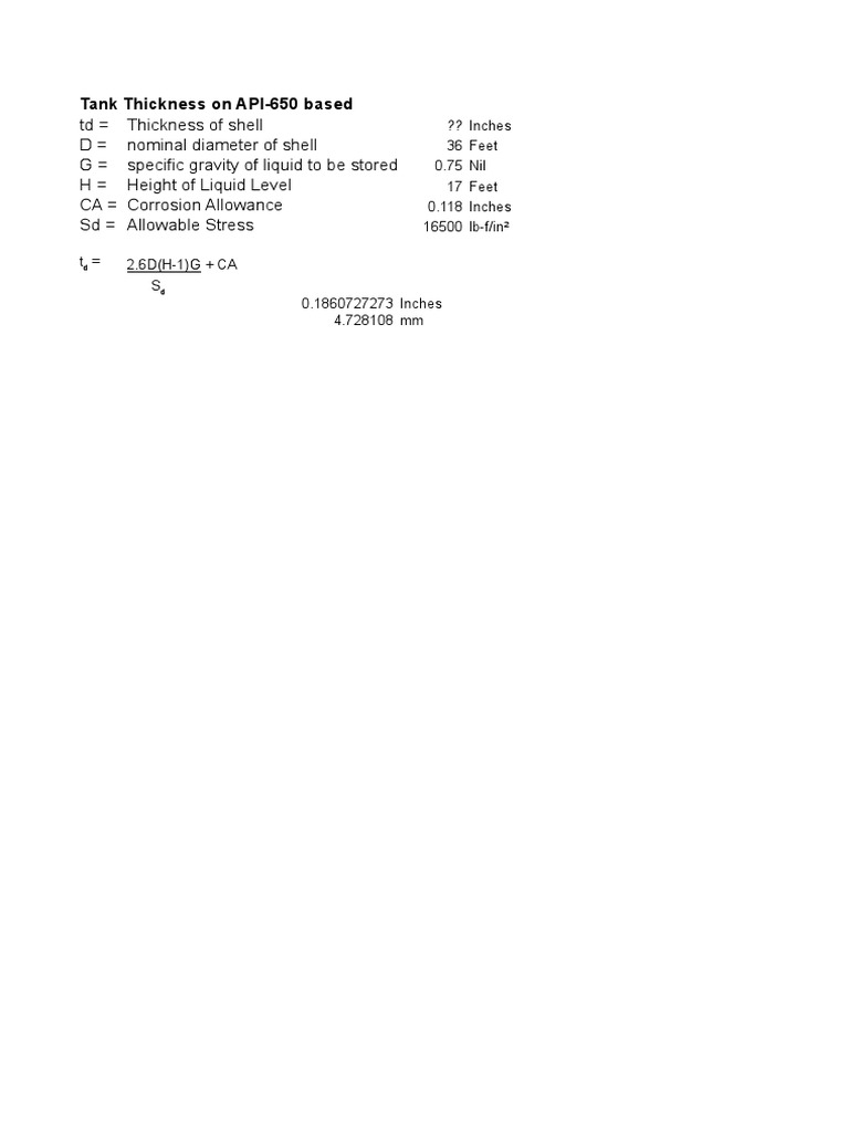 API-650 Tank Thickness Calculation | PDF