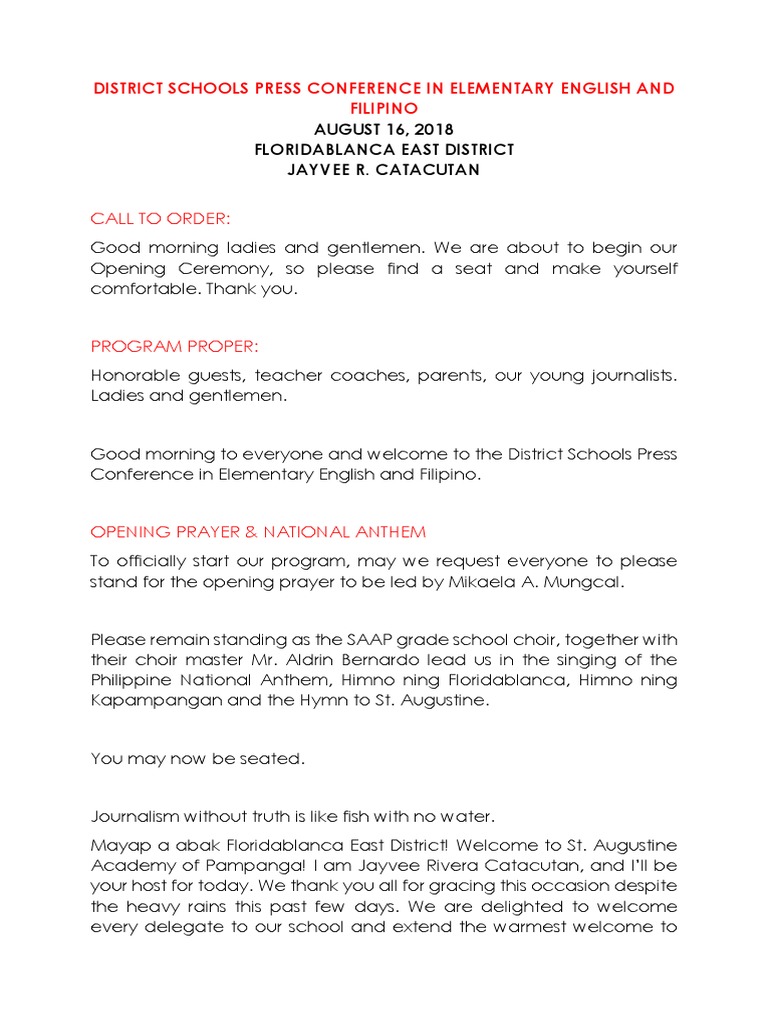District Schools Press Conference in Elementary English and Filipino | PDF