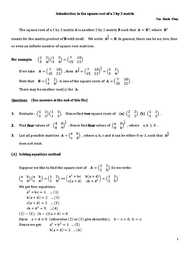 Square Roots of 2x2 Matrices Explained | PDF | Eigenvalues And ...
