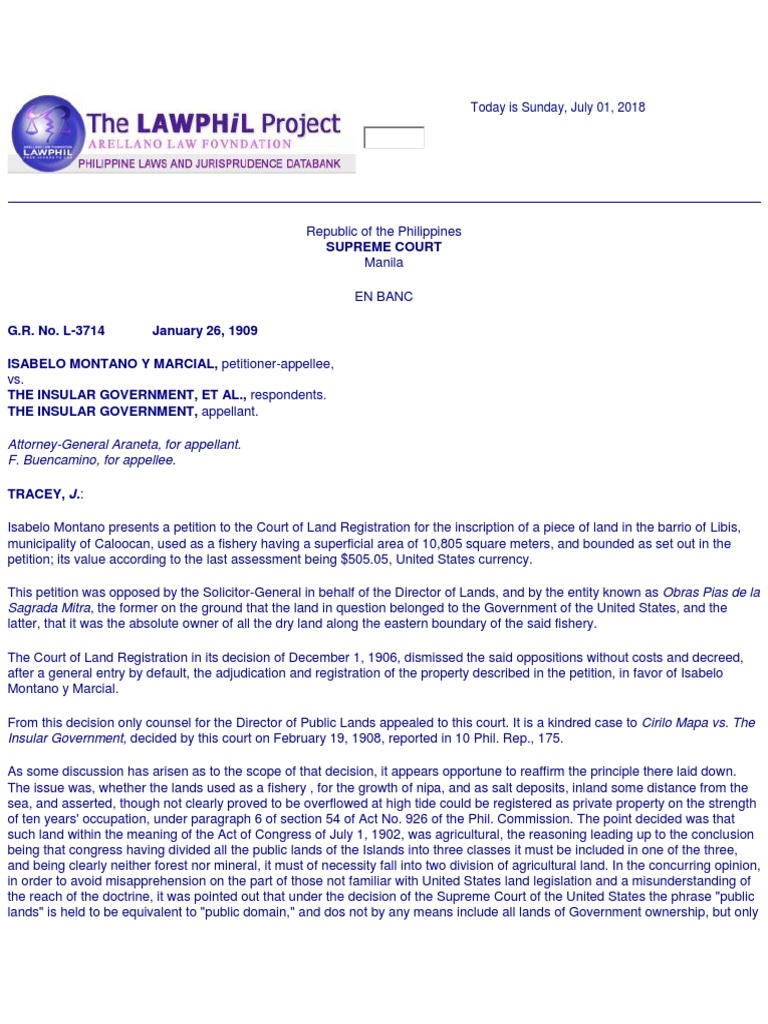 Montano v. Insular Government 12 Phil 57 | PDF | Property | Ownership