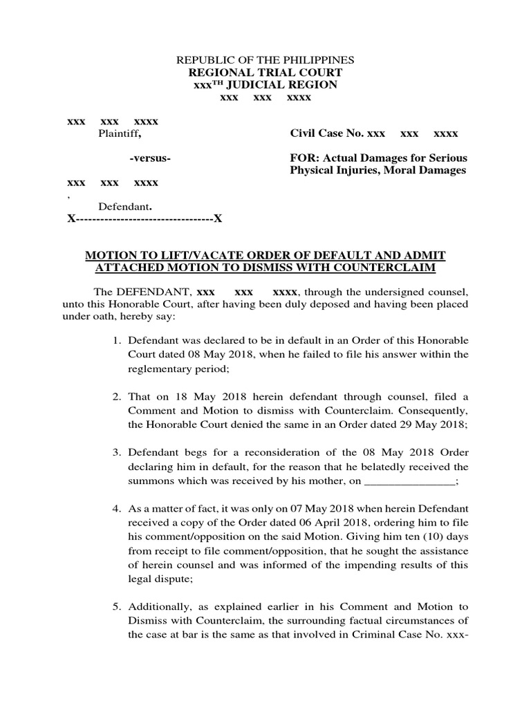 Motion To Lift Order of Default and Admit Motion To Dismiss With ...