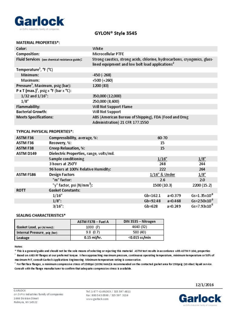 Garlock GYLON Style 3545 Spec Sheet - (NA) 2016-12 EN PDF | PDF ...