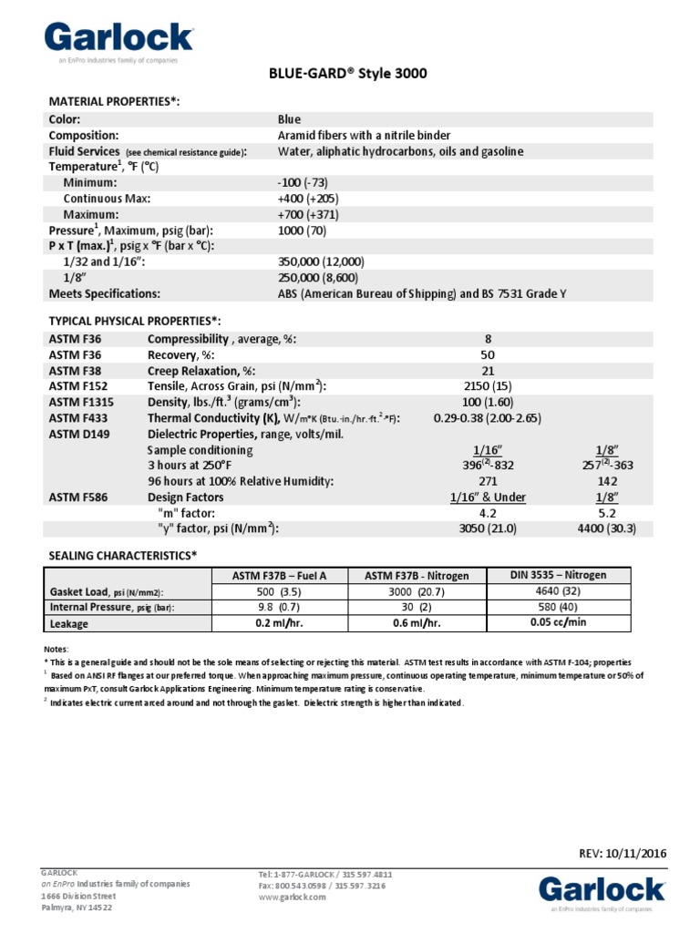 Garlock Style 3000 Spec Sheet - (NA) 2016-11 en | PDF | Materials ...