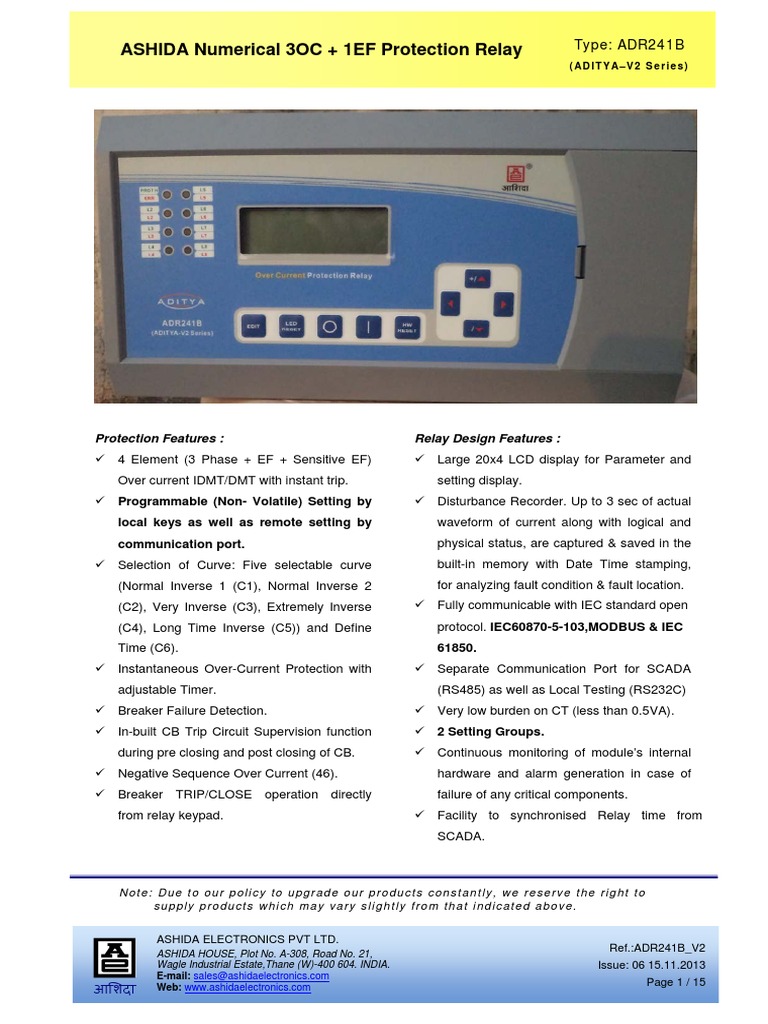 ASHIDA Numerical 3OC + 1EF Protection Relay | PDF | Relay | Power Supply