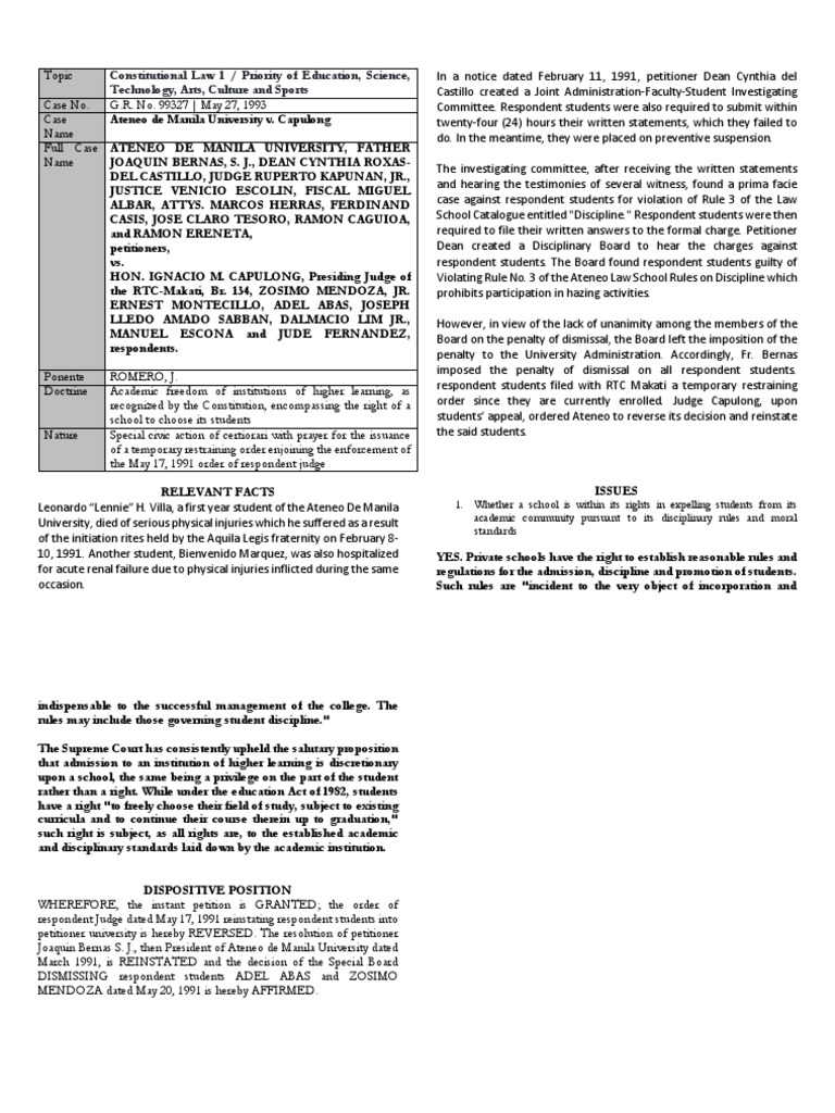 Ateneo v. Capulong: Academic Freedom Case | PDF | Justice | Crime ...