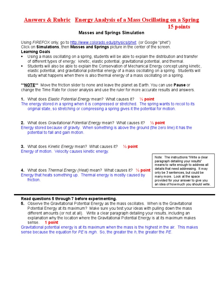 Spring Energy Answers & Rubric | PDF | Potential Energy | Kinetic Energy