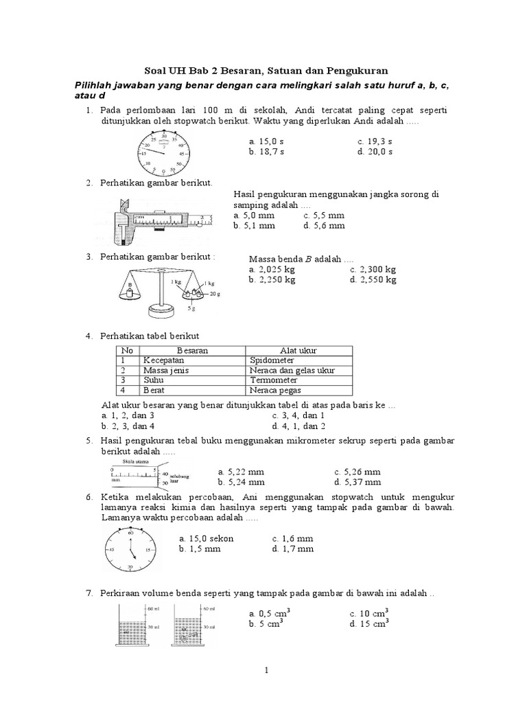 Soal Uh Bab 2 Besaran Satuan Dan Pengukuran Sma | PDF
