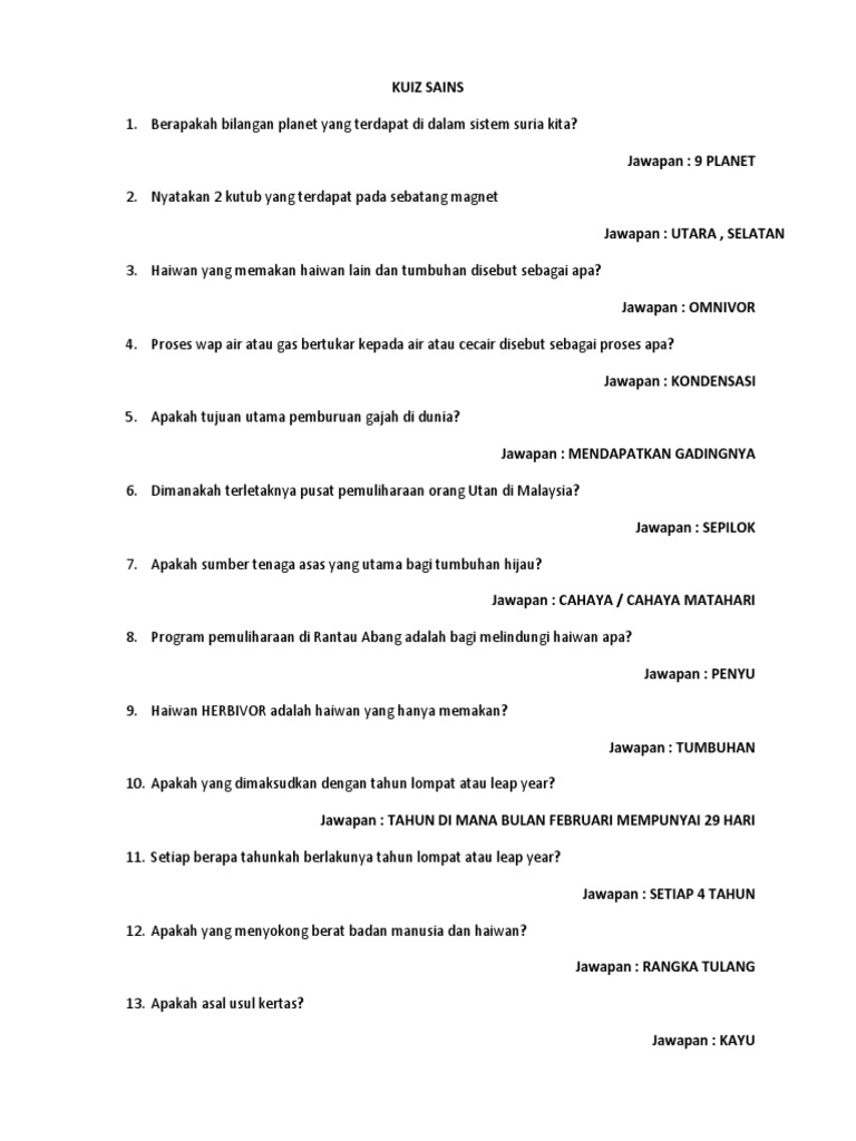 Soalan Kuiz Sains 3 Dan Jawapan | PDF