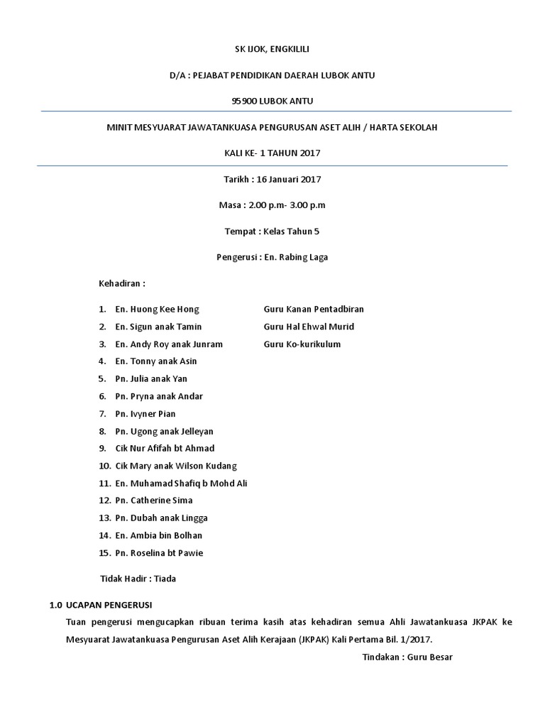 Minit Mesyuarat Kali-1 SK Ijok 2017 | PDF