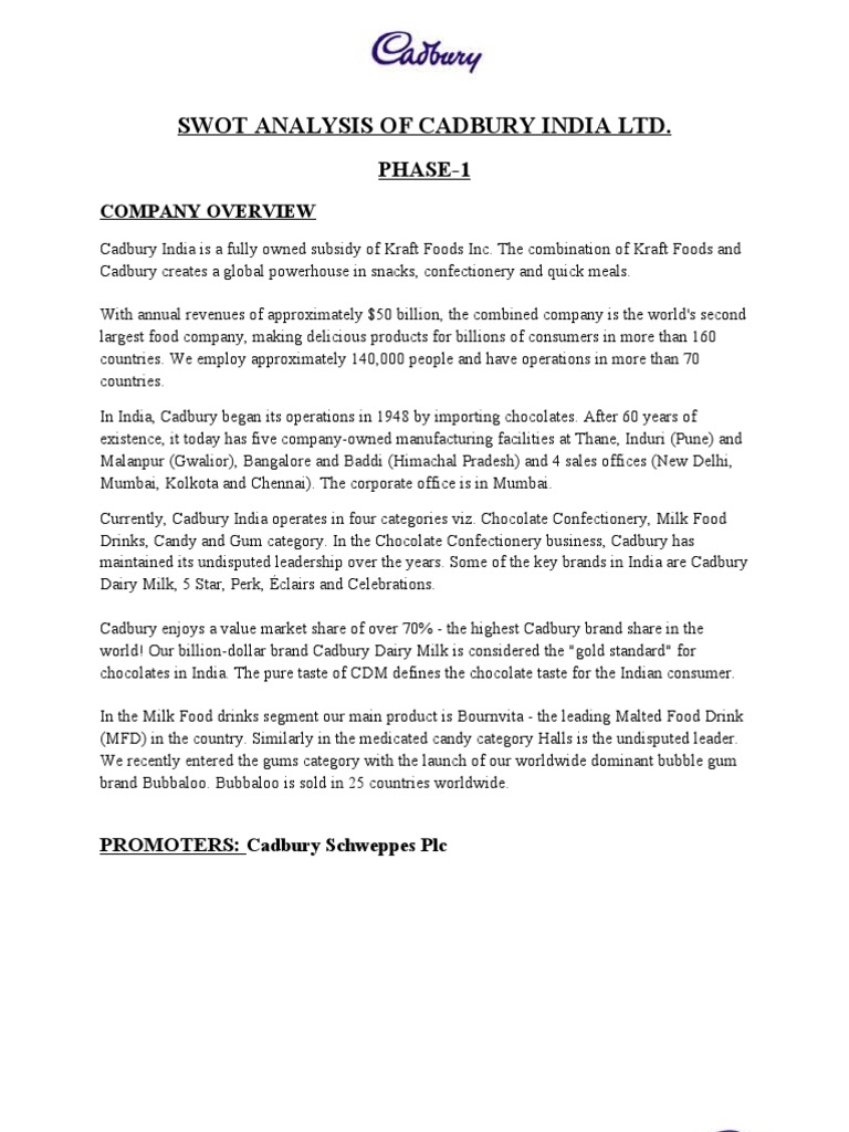 Swot Analysis of Cadbury India LTD.: Phase-1 | PDF | Mondelez ...