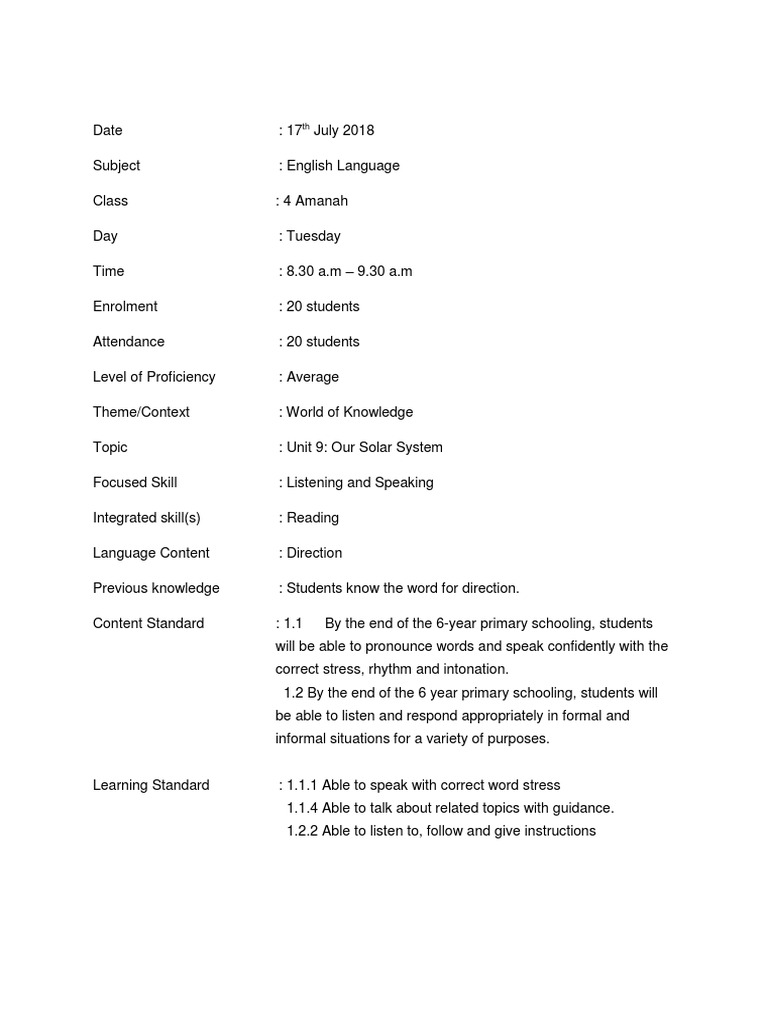 Listening Lesson Plan KSSR YEAR 4 | PDF | Lesson Plan | Teachers