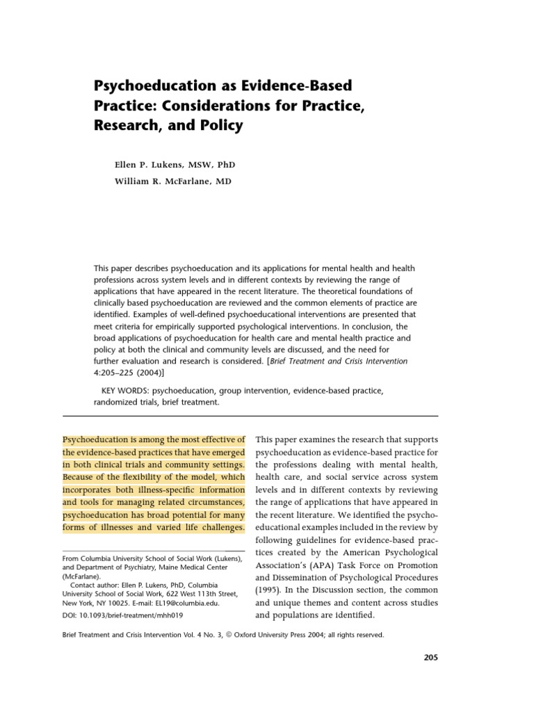 Psychoeducation As Evidence-Based Practice - Considerations For Practice, Research, and Policy ...