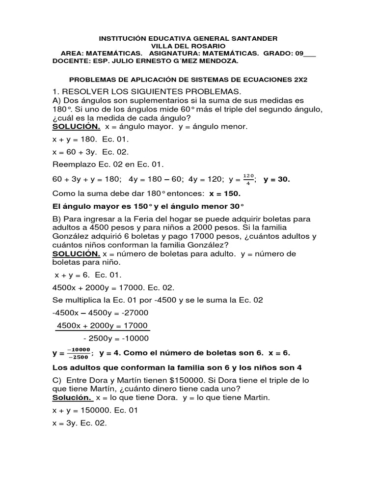 Problemas Resueltos de Ecuac 2x2 | PDF | Vacunas | Enseñanza de matemática