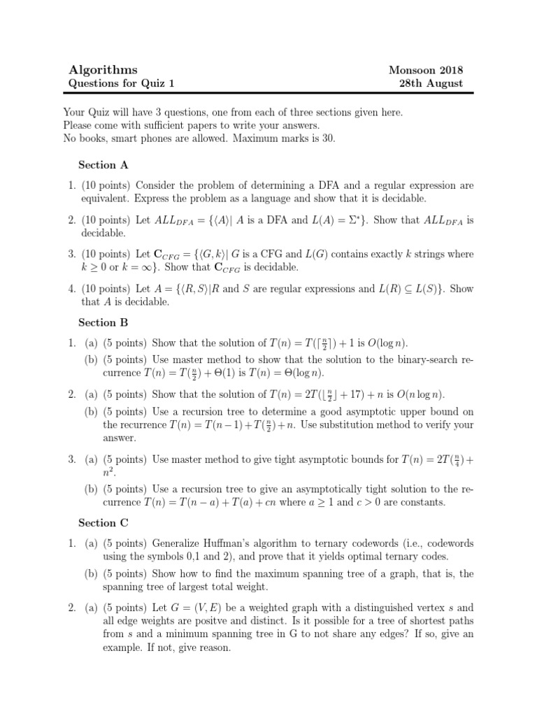 Algo Quiz 1 | PDF | Theoretical Computer Science | Discrete Mathematics Algo Quiz 1 | PDF | Theoretical Computer Science | Discrete Mathematics