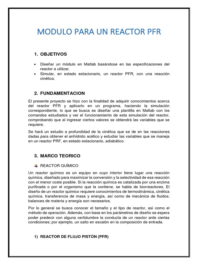 Modulo para Un Reactor PFR | PDF | Cinética química | Reactor Quimico