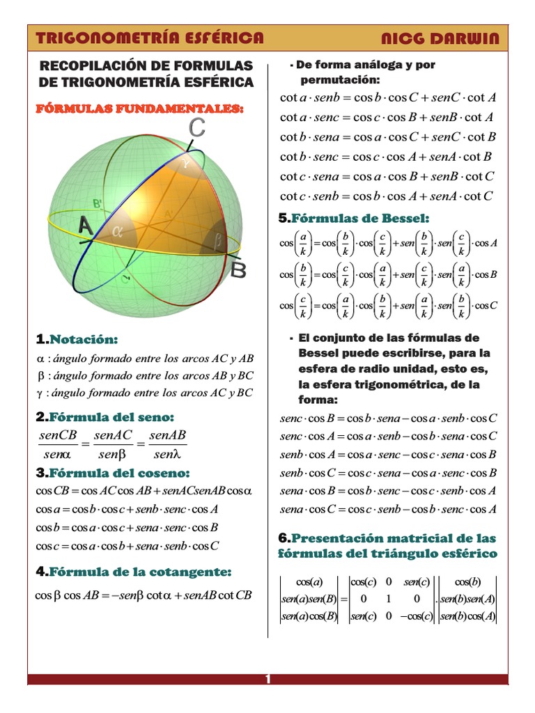 Formulario de TRIGONOMETRÍA ESFÉRICA | PDF | Notación | Notación Matemática