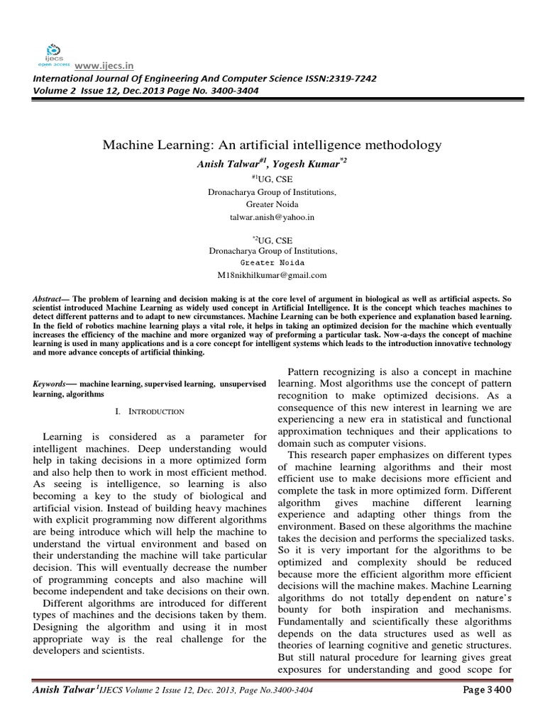 Machine Learning: An Artificial Intelligence Methodology: WWW - Ijecs.in | PDF | Statistical ...
