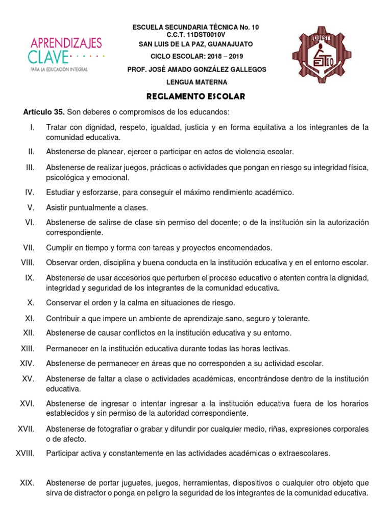 Reglamento Escolar - 2017-18 | PDF | Sicología | Educación avanzada