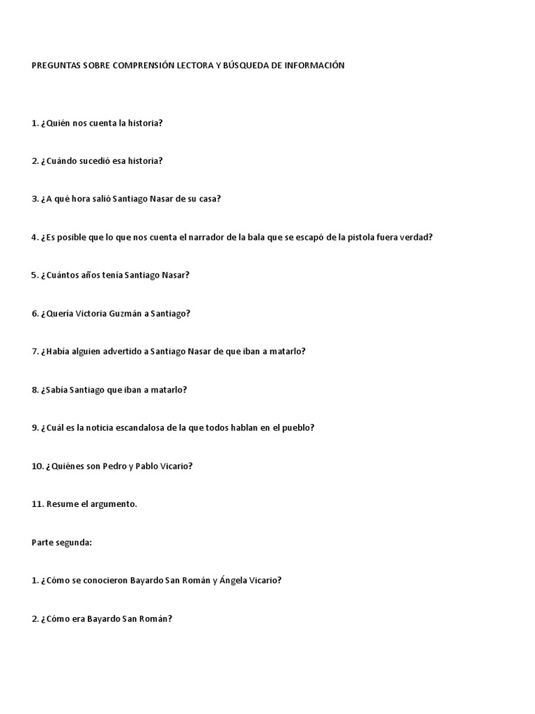 Preguntas Sobre Comprensión Lectora y Búsqueda de Información | PDF ...