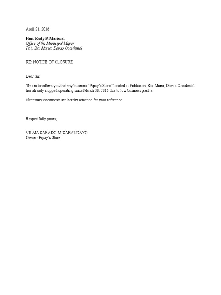 Notice Of Closure Sample