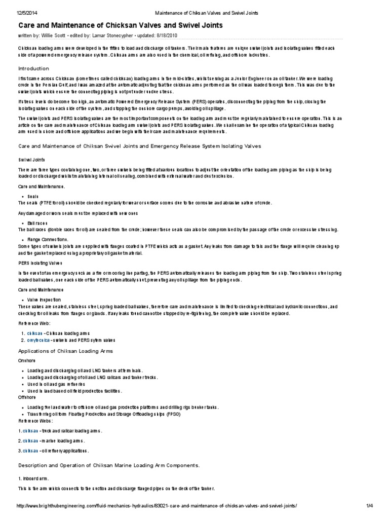 Maintenance of Chiksan Valves and Swivel Joints | PDF | Oil Tanker | Valve