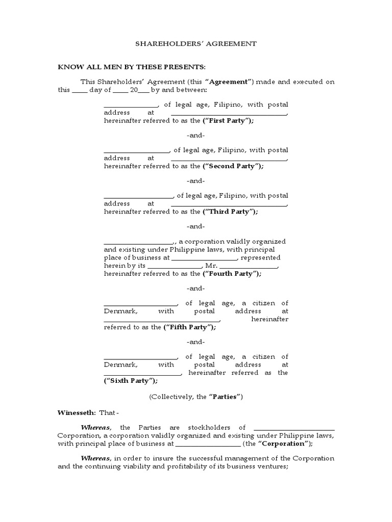 Shareholder's Agreement SAMPLE | PDF | Offer And Acceptance | Board Of ...