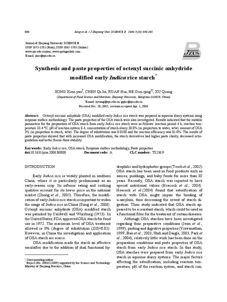 Synthesis and Paste Properties of Octenyl Succinic Anhydride PDF | PDF | Starch | Ph