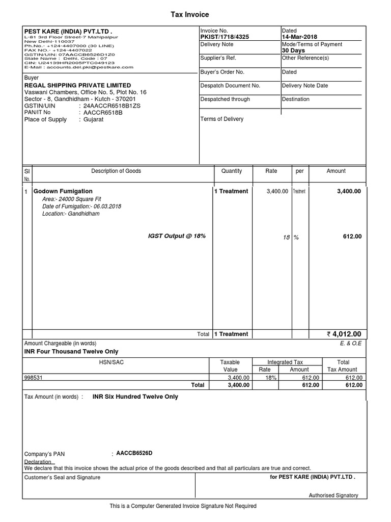 Tax Invoice: Pest Kare (India) PVT - LTD | PDF | Invoice | Taxes
