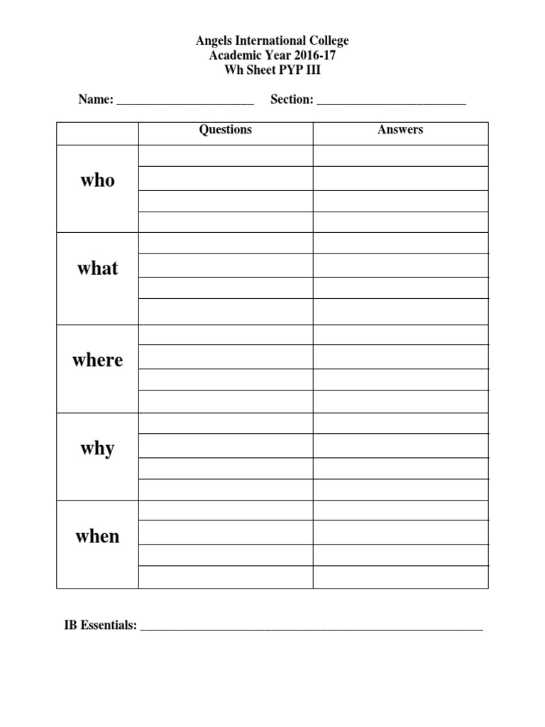 Angels International College Academic Year 2016-17 WH Sheet Pyp Iii ...