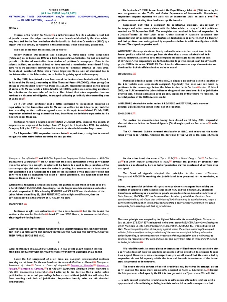 NLRC Jurisdiction in Labor Dispute Case | PDF | Estoppel | Jurisdiction